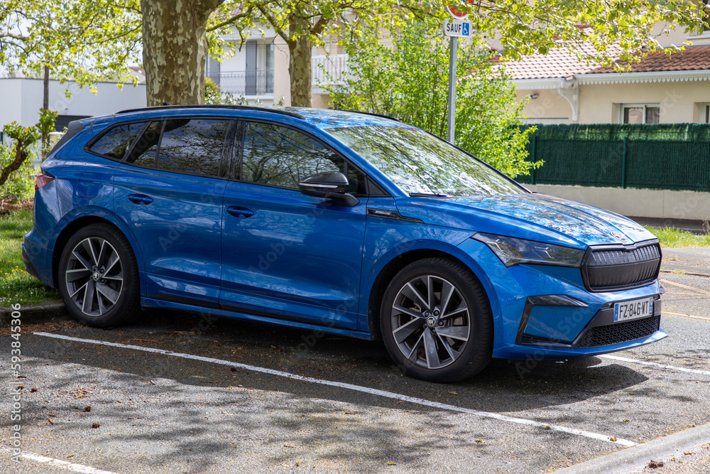 Skoda Enyaq Coupe iV car blue crossover with coupe style body sport ...