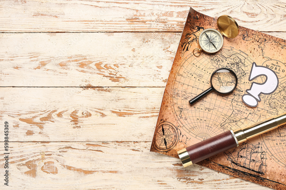 World map with question mark, spyglass, compass and magnifier on white ...
