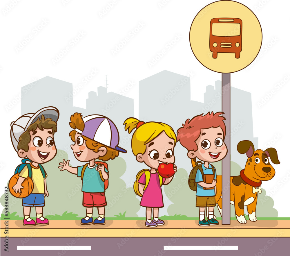 cute kids waiting for school bus cartoon vector 素材庫向量圖 | Adobe Stock