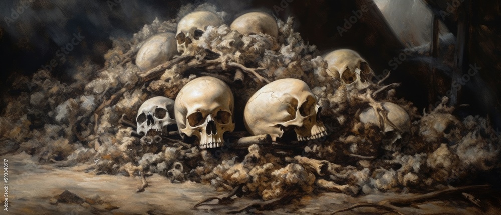 Pile of crushed human skulls and bones in a dark room, macabre dungeon ...