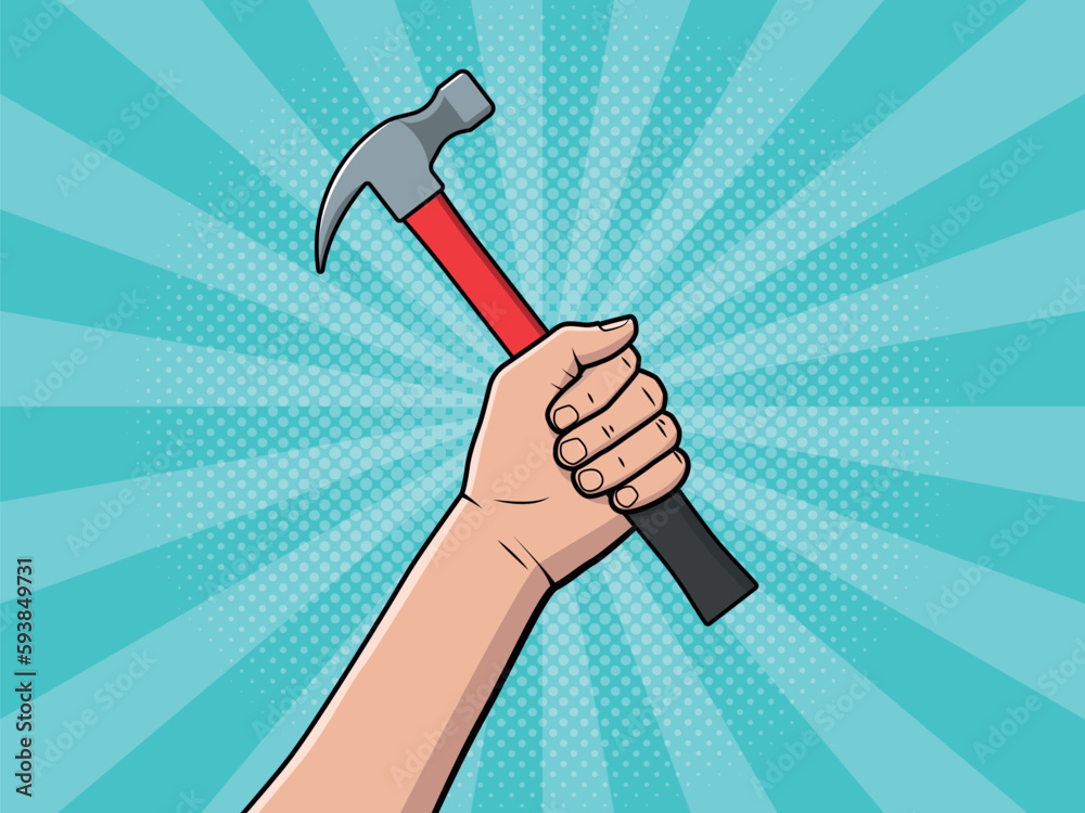 Hand with a hummer with a red handle in a vintage pop art style. Vector ...