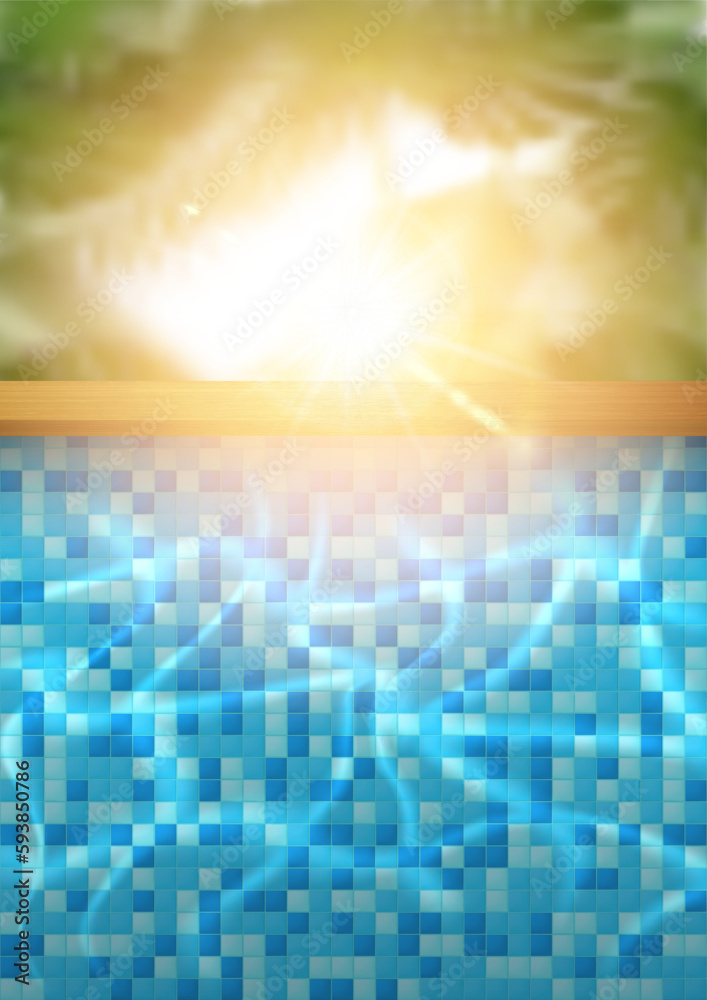 Pool party vertical poster with tropical leaf and blue mosaic tile pool ...