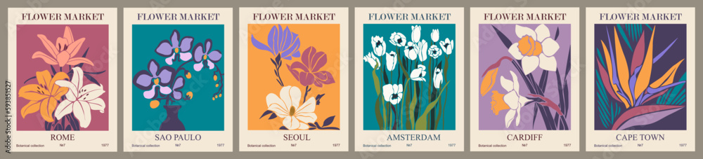 Set of abstract flower posters. Trendy botanical wall arts with floral ...