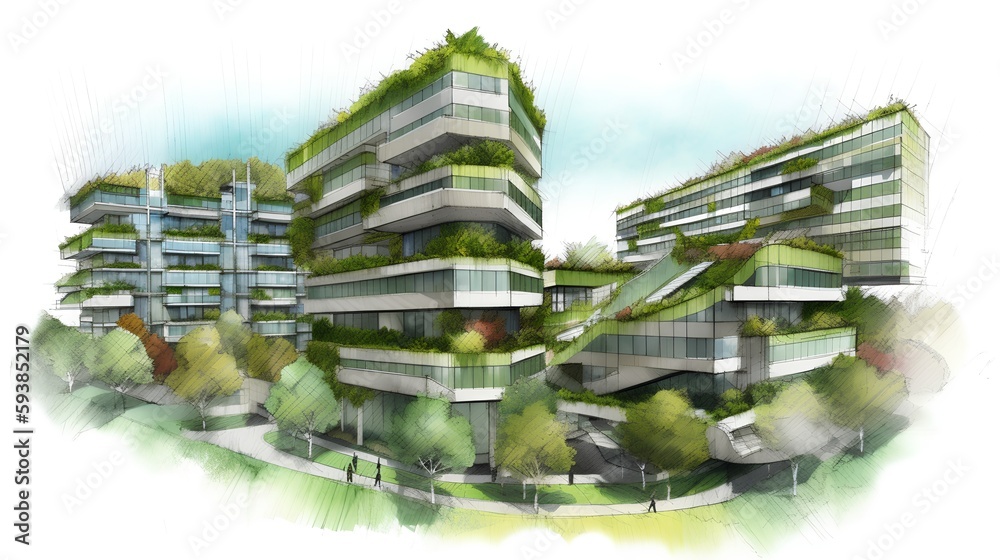 Sketch of a sustainable residential complex with green roofs, vertical ...