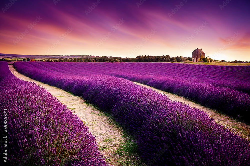 Purple lavender fields in bloom with a stone church in background ...