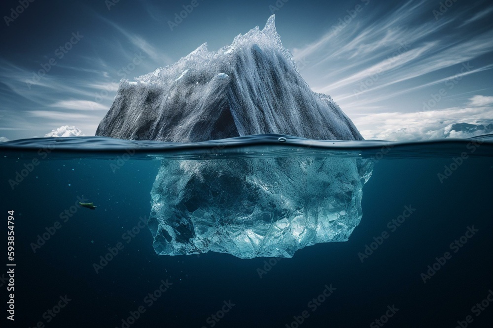 Iceberg floating in the ocean, both the tip and the submerged parts are ...
