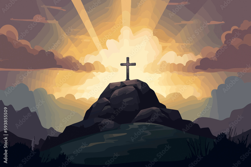 Cartoon illustration: heavenly light and clouds unveil Holy Cross over ...