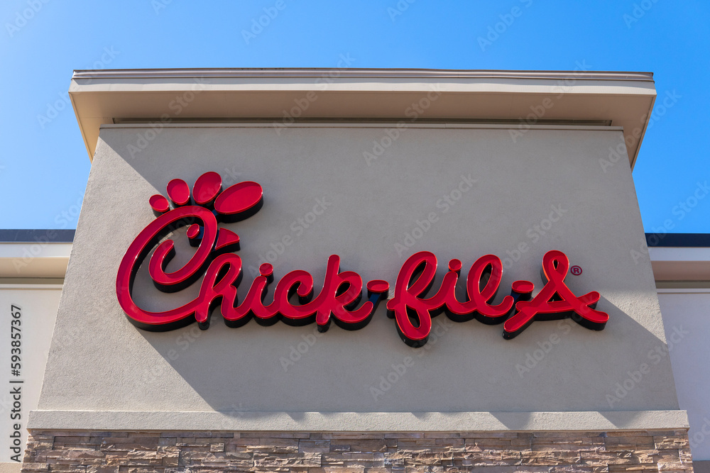 Red sign Chick-fil-a on the wall of the restaurant. Everett, WA, USA ...