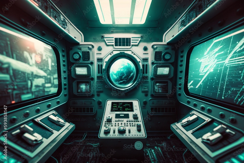 Futuristic spaceship cockpit interior. Future spacecraft control panels technology, space travel ...