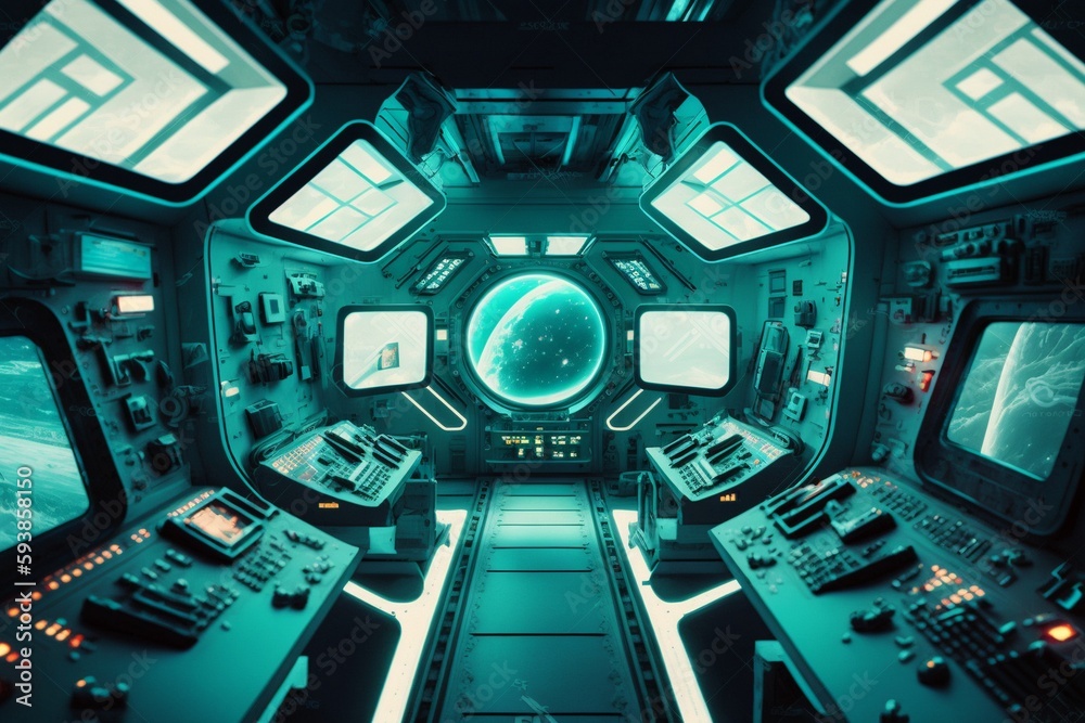 Futuristic spaceship cockpit interior. Future spacecraft control panels technology, space travel ...