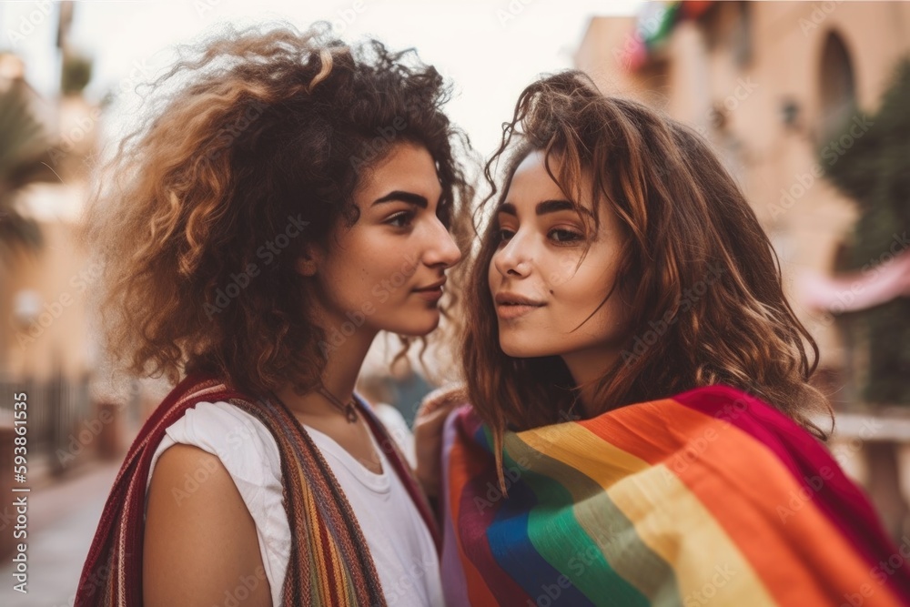 Gay women lesbian couple with LGBT rainbow flag. LGBT Pride Month ...