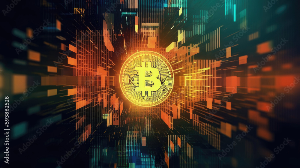 Pixel art of a 3D bitcoin currency on a glitched background with ...