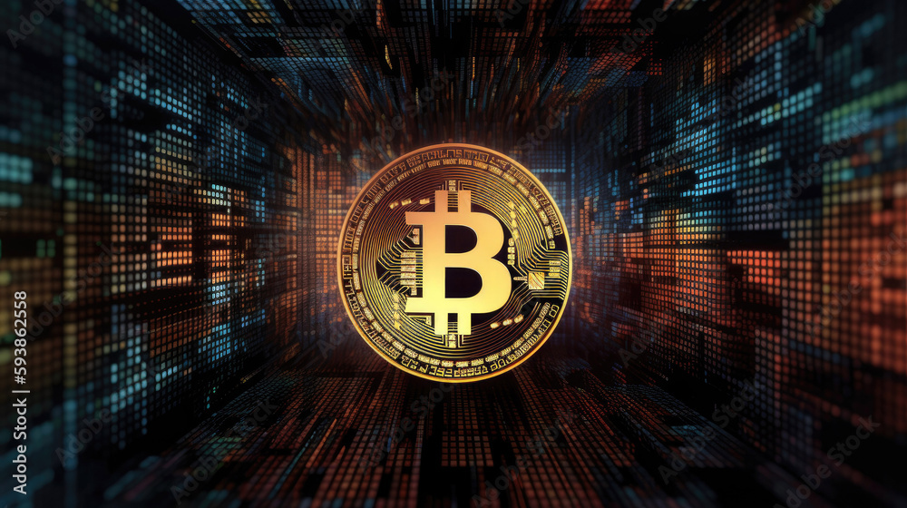 Pixel art of a 3D bitcoin currency on a glitched background with ...