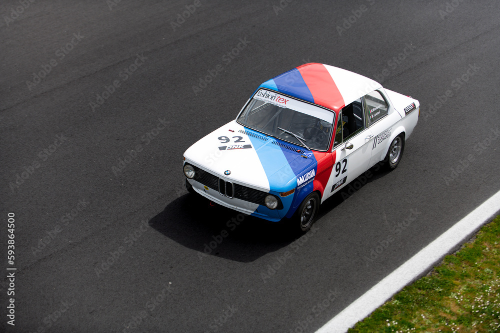 Vintage racing car, classic retro motor sport action, BMW 2002 TI on ...