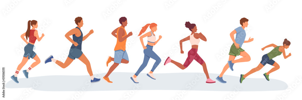 Set of different cartoon characters of young people running. Doing ...
