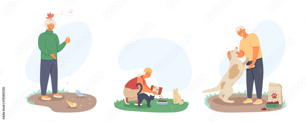 Set of cartoon characters of old people spending time with pets. Active ...