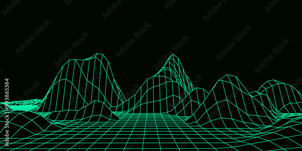 Digital green wireframe landscape. Wireframe terrain polygon landscape ...