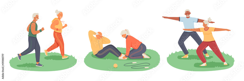 Set of cartoon characters of old people doing sports together. Regular ...