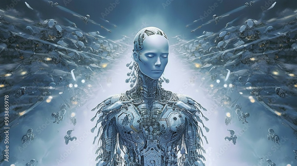 Cyborg face wireframe hologram 3D rendering in artificial intelligence ...