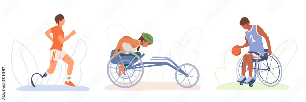 Set of cartoon characters of young people with disability doing sports ...