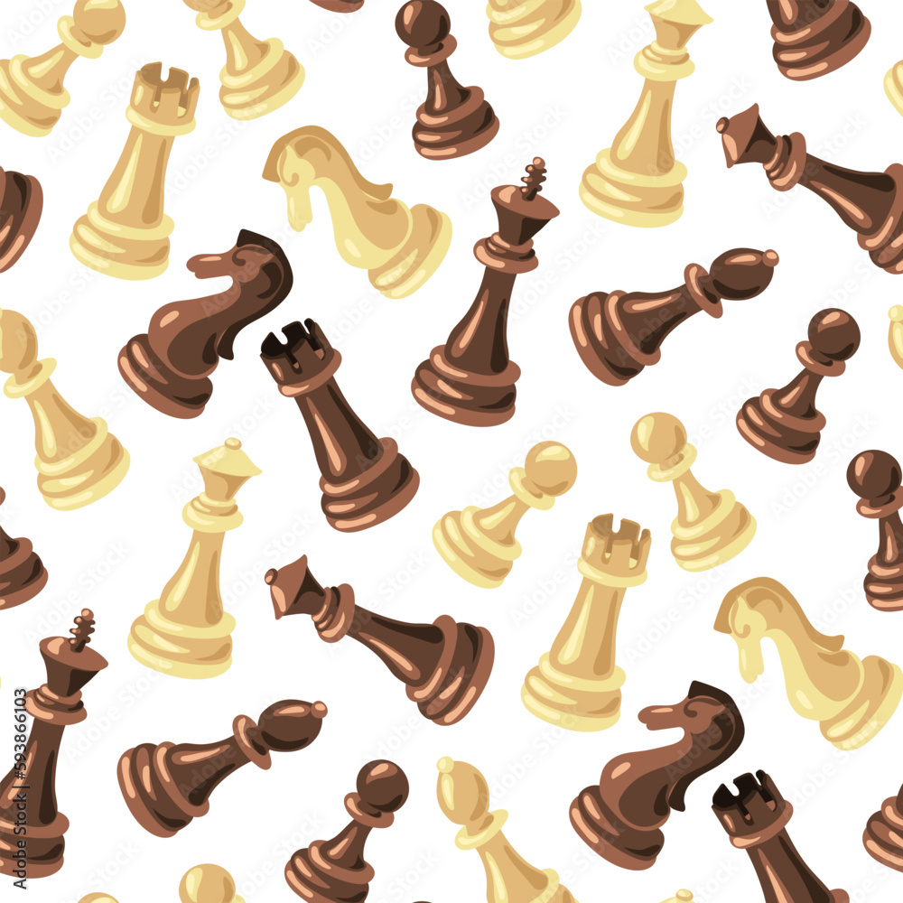 A pattern of black and white chess pieces made of wood on a white ...