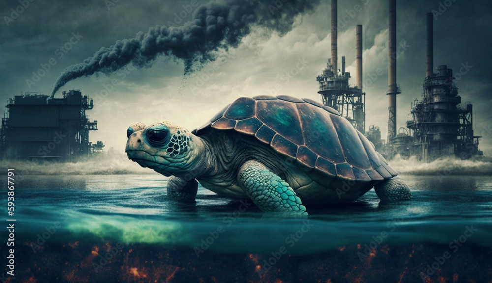 turtle standing looking at toxic fumes from a petrochemical refinery at ...