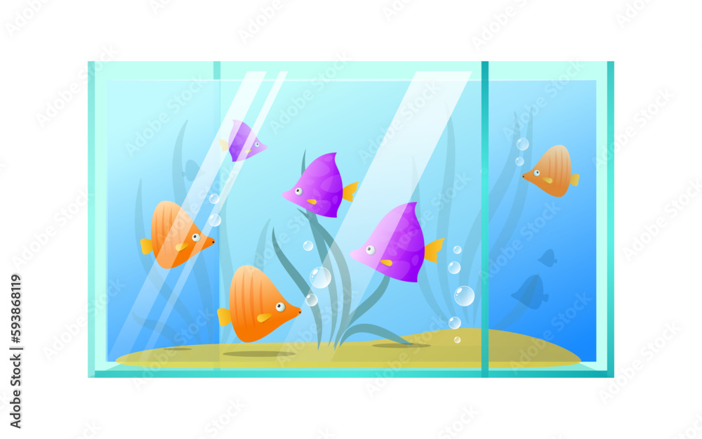 Underwater aquarium habitat. Cartoon illustration of exotic fish ...