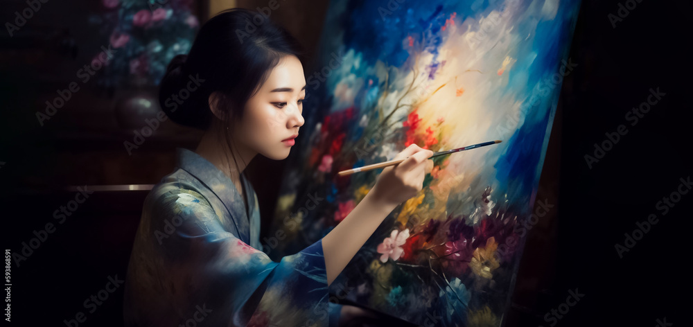 young Asian artist, passionately painting with creativity and skill ...