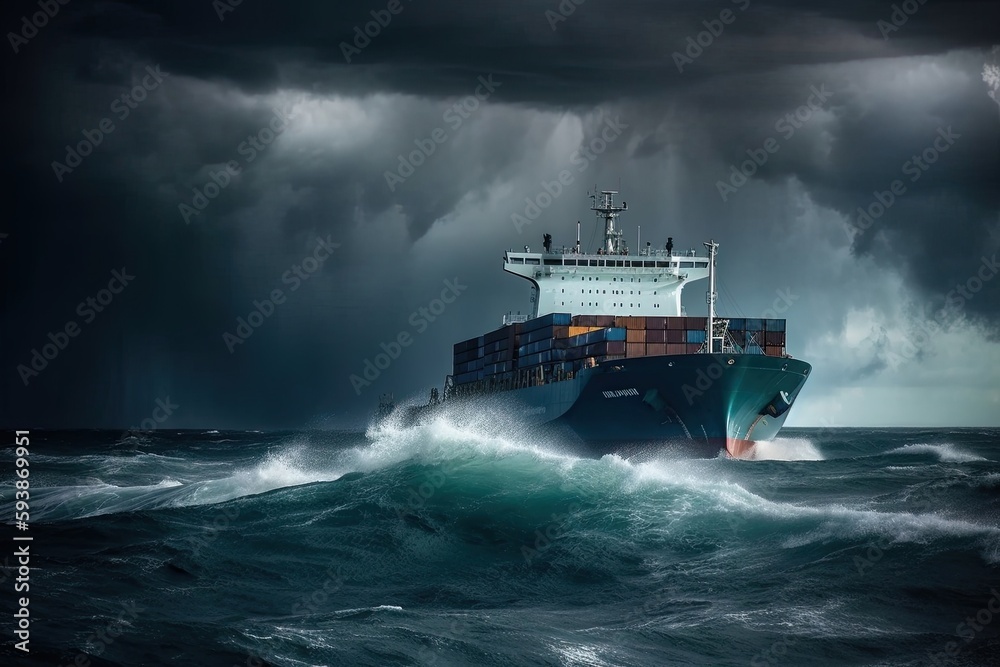 A container ship in the storm and rain is a daunting and dangerous ...
