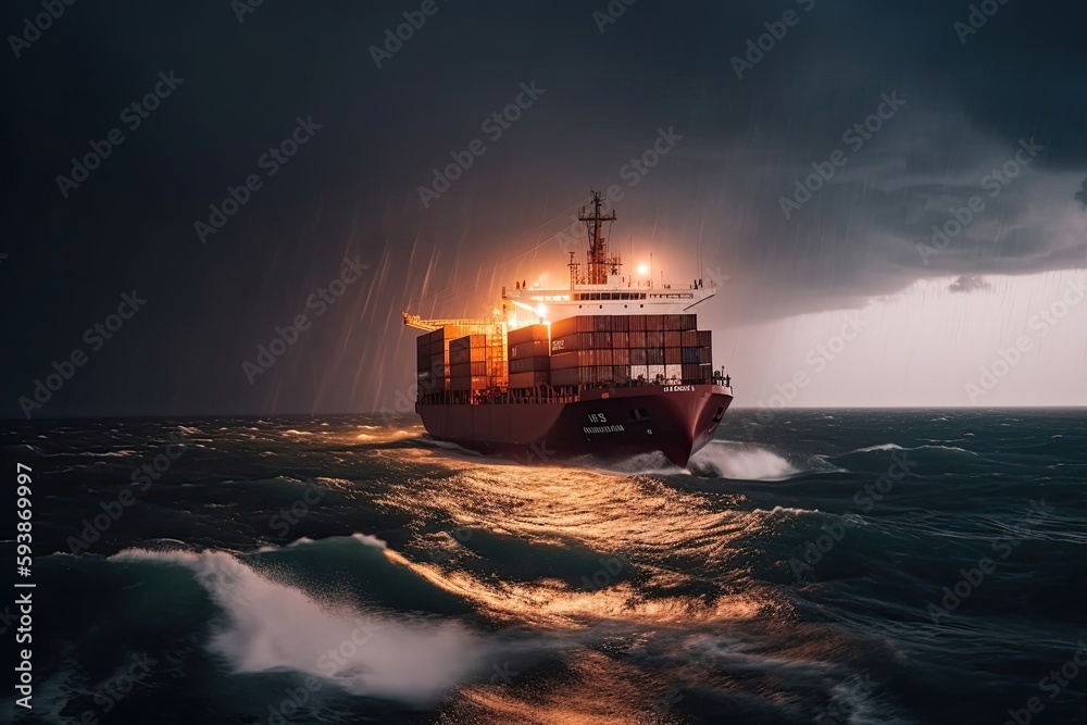 A container ship in the storm and rain is a daunting and dangerous ...