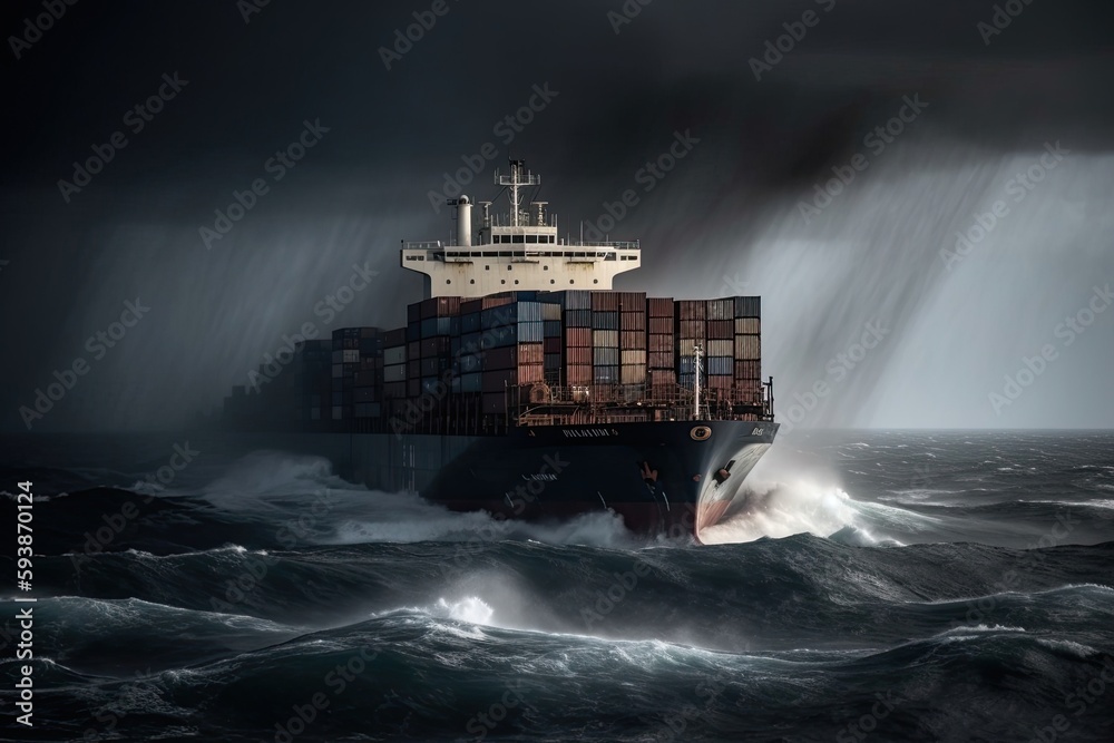 A container ship in the storm and rain is a daunting and dangerous ...