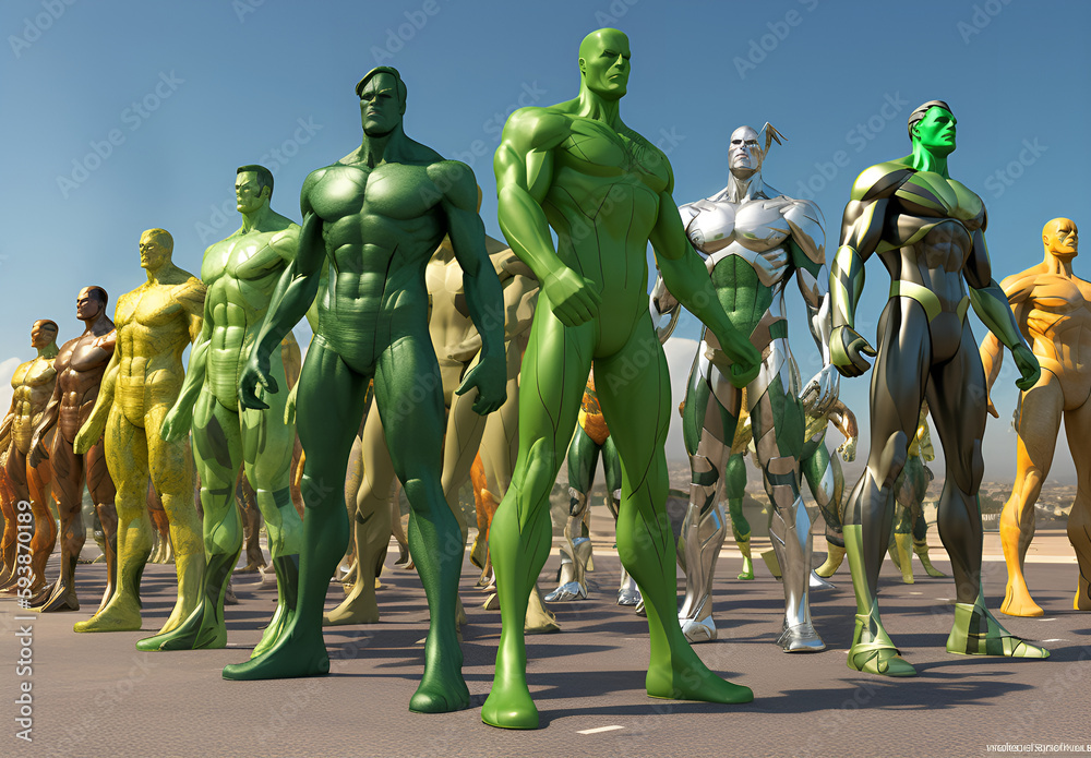 ecological superheroes riding a giant android spritesheet, grid,full ...