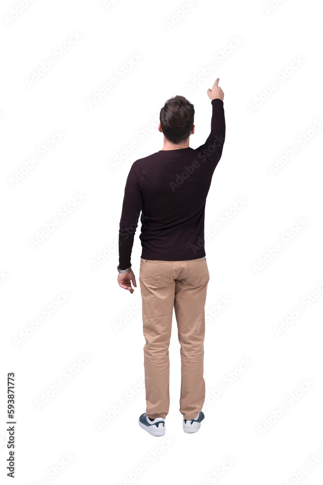 full length portrait of a young casual man presenting something in the ...