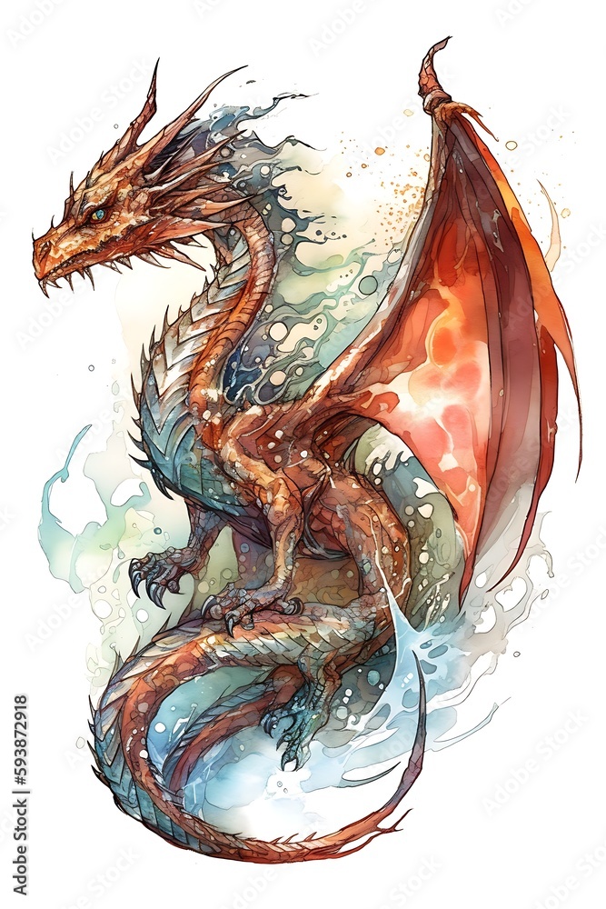 Drawn illustration of an epic red dragon with open wing, clip art ...