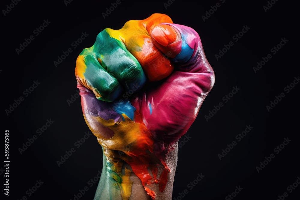Rainbow-colored fist covered in paint. LGBT Pride Month celebration ...