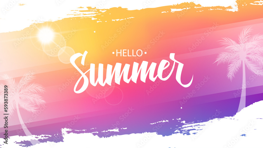 Hello Summer background with hand lettering, summer sun, palm tree and ...