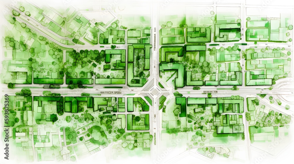 Urban planning sketch highlighting sustainable elements like green ...