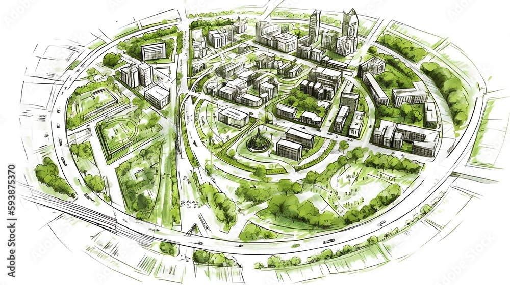 Urban planning sketch highlighting sustainable elements like green ...