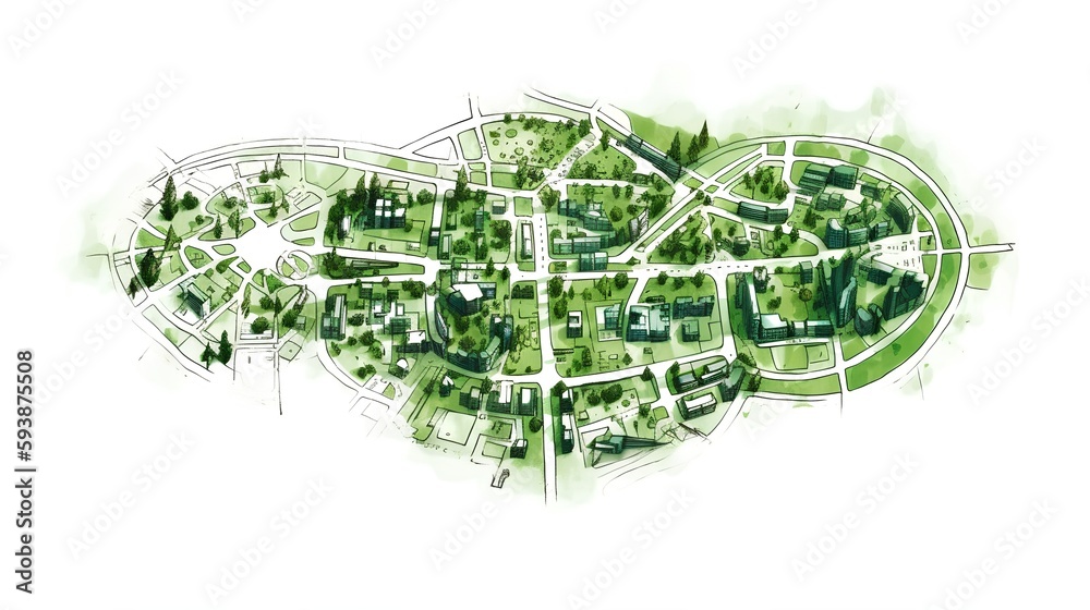 Urban planning sketch highlighting sustainable elements like green ...