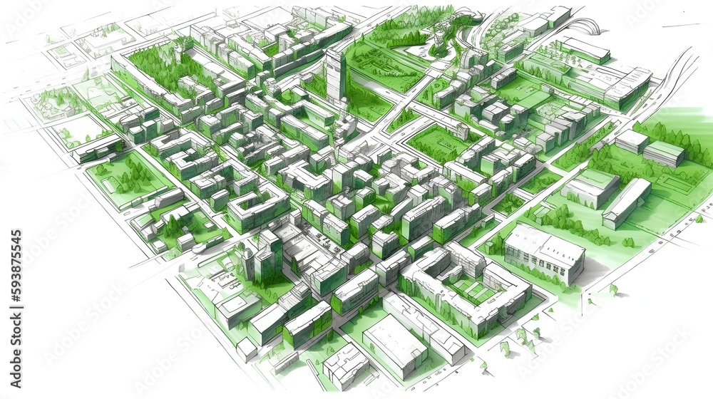 Urban planning sketch highlighting sustainable elements like green ...
