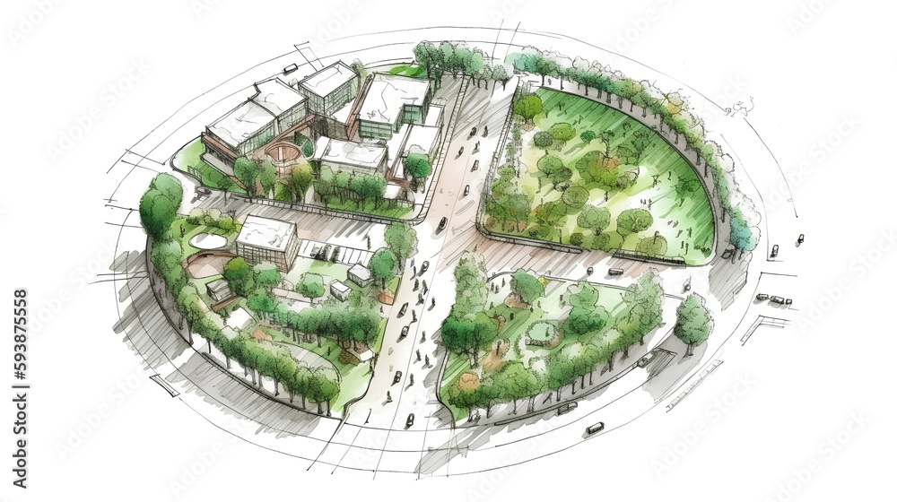 Urban planning sketch highlighting sustainable elements like green ...