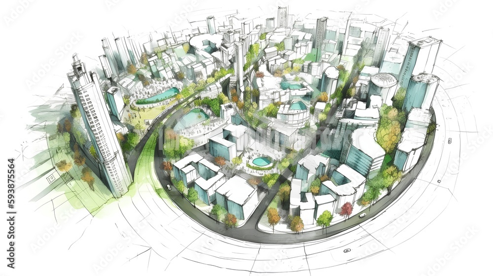Urban planning sketch highlighting sustainable elements like green ...