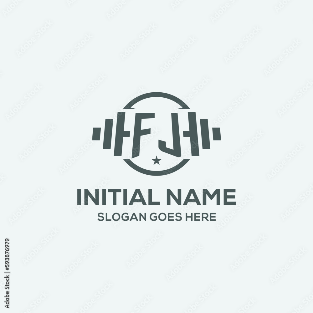 Initial letter FJ fitness logo with creative dumbbell and circle line ...