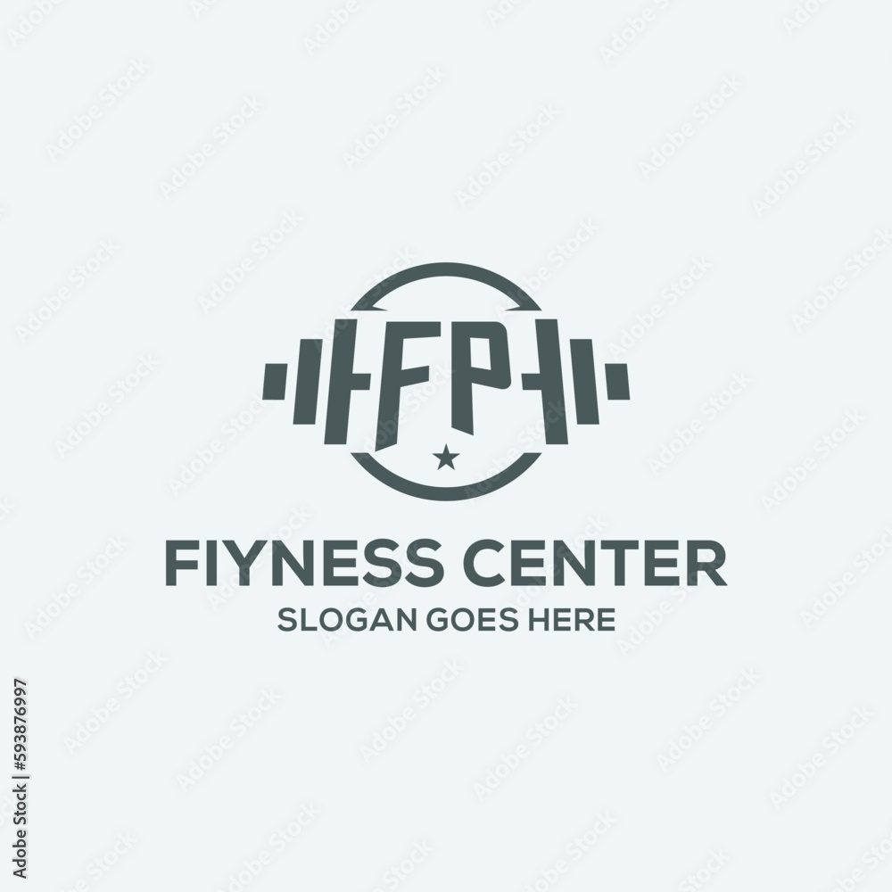 Initial letter FP fitness logo with creative dumbbell and circle line ...