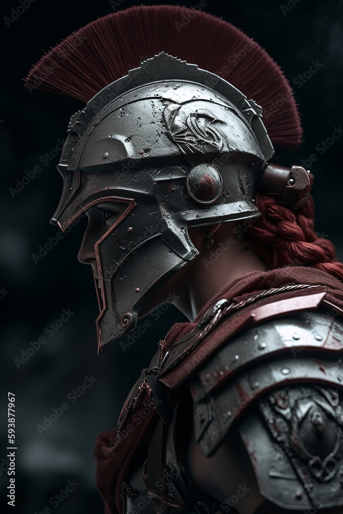 Spartan knight in medieval armor and red cloak standing in an ancient ...