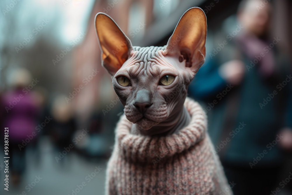 Beautiful Sphinx cat wearing a sweater outside on the streets of ...