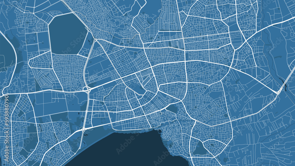 Detailed map poster of Antalya city, linear print map. Blue skyline ...