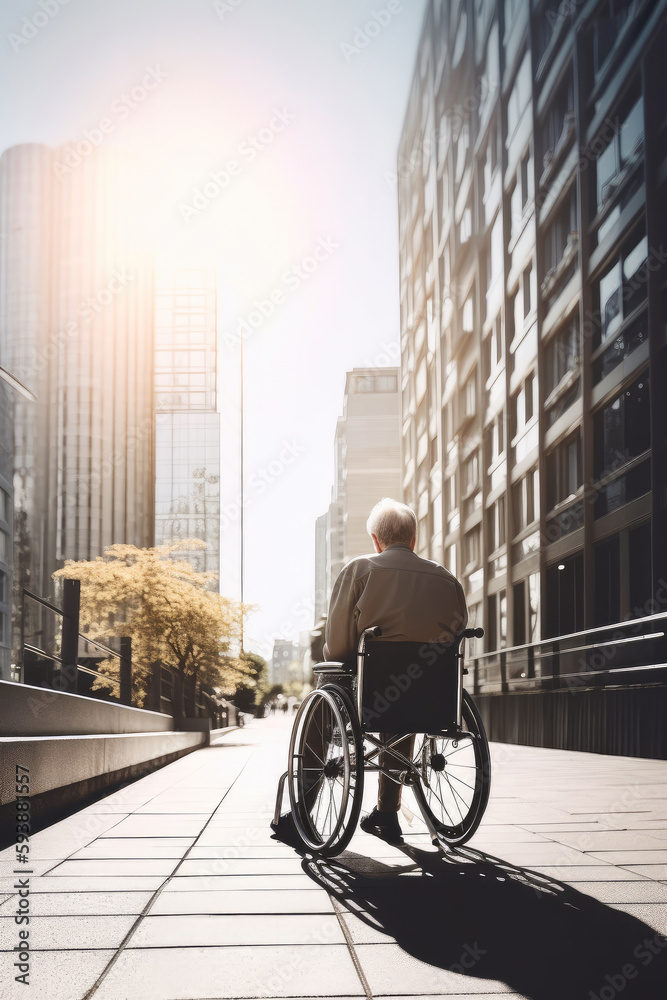 man in a wheelchair in front of an in front of the stairs or escalator ...