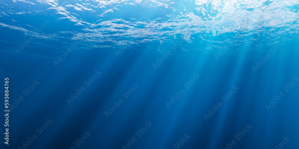 Underwater background with water bubbles and undersea light rays shine ...