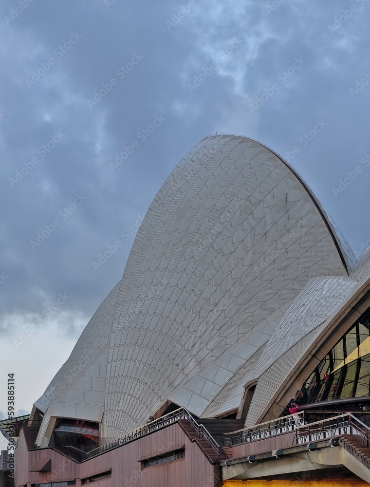 View at twilight from the SW of the Sydney Opera House shell roofs. NSW ...